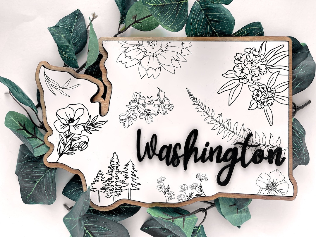 WASHINGTON Wood Wall Art: Map of Washington With Local State Flowers ...