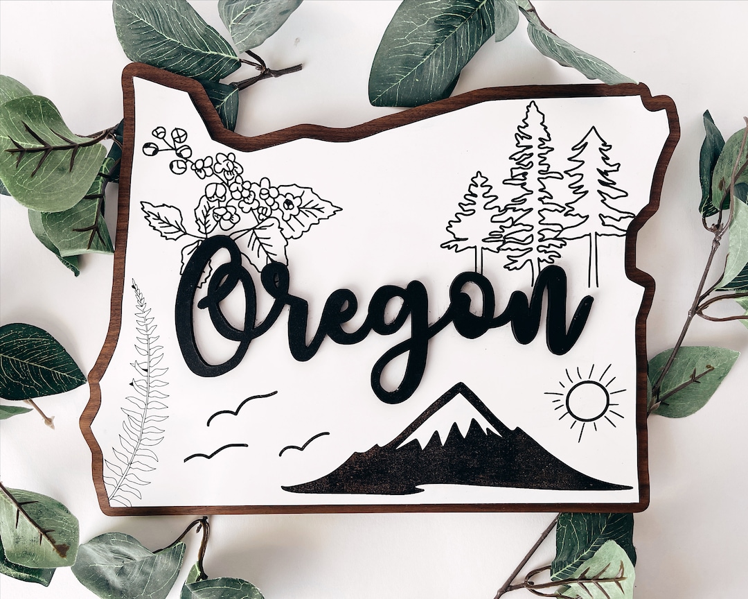 OREGON Wood Wall Art: Map of Oregeon With Local State Flowers & Nature ...