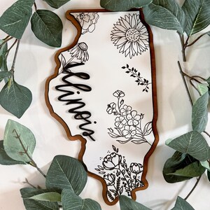 ILLINOIS Wall Sign With Local Flowers | Laser Engraved Wall Art | IL ...