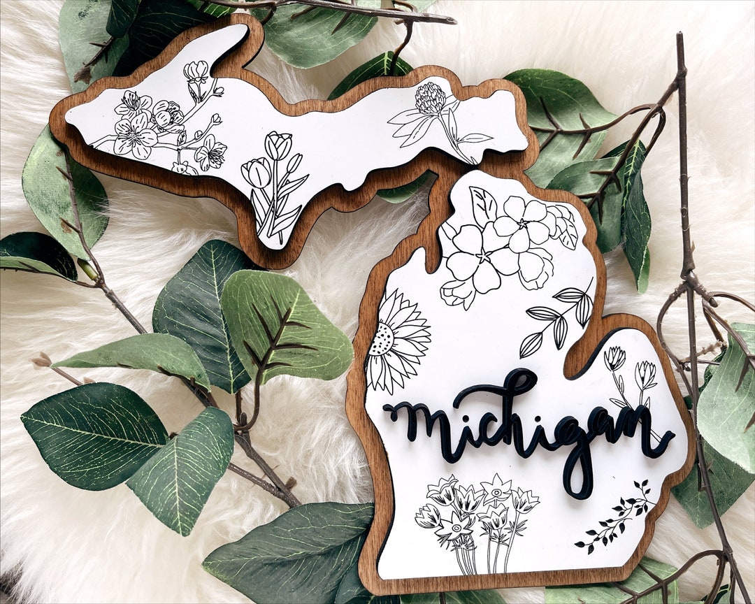 MICHIGAN Wood Wall Art: Map of Michigan With Local State Flowers ...