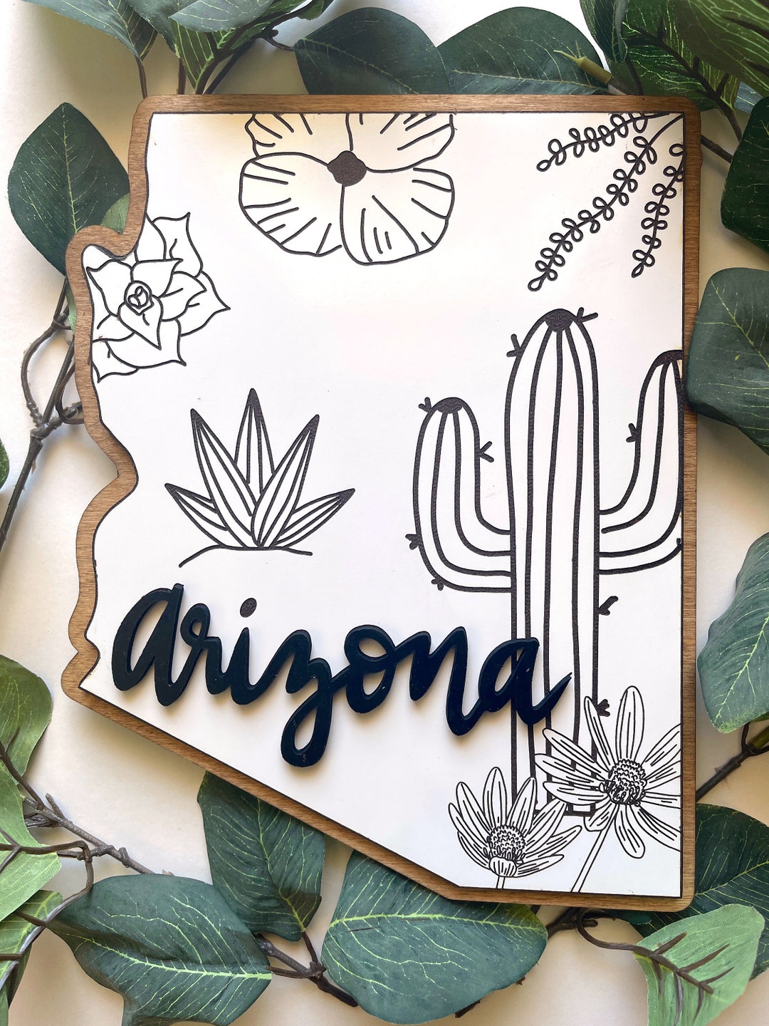 ARIZONA Wood Wall Art: Map of Arizona With Local State Flowers | State ...