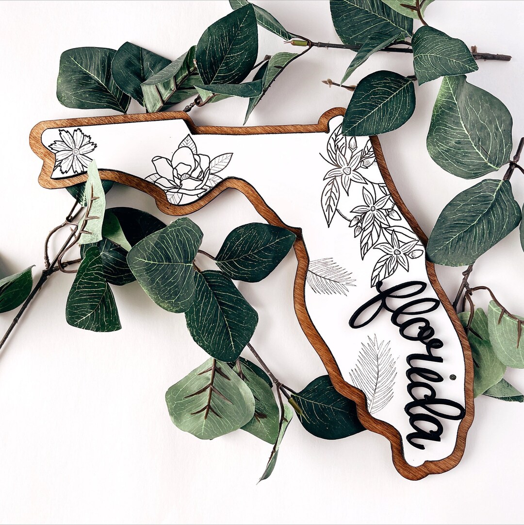 FLORIDA Wood Wall Art: Map of Florida With Local State Flowers | State ...