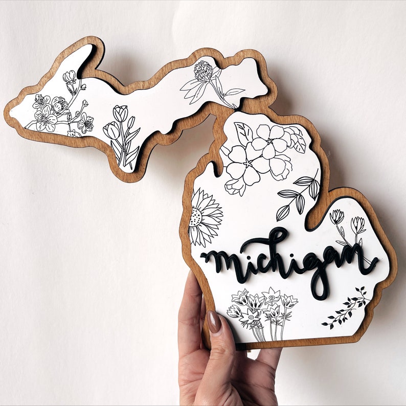MICHIGAN Wood Wall Art: Map of Michigan With Local State Flowers ...