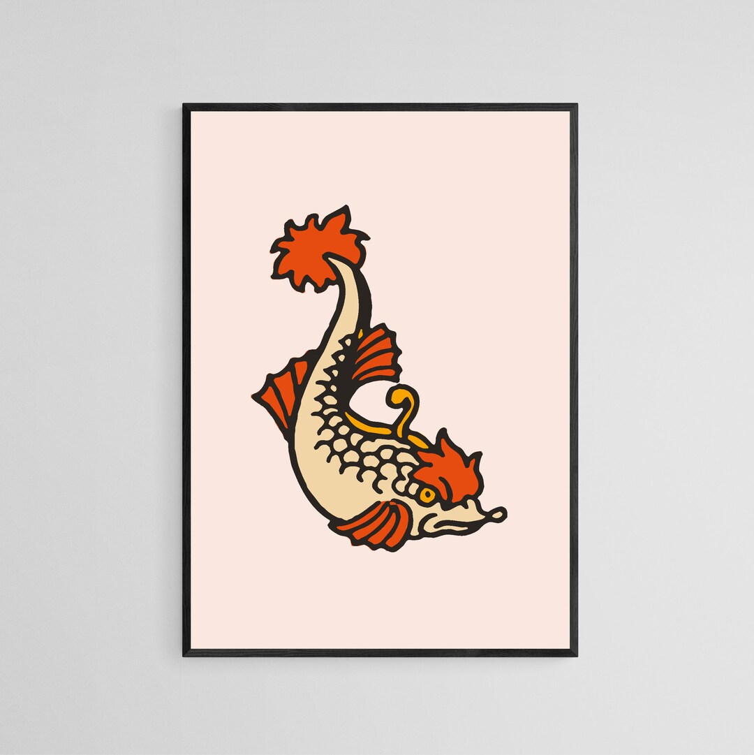 Fish With Fringe Tattoo Style Wall Art Print | Tattoo Flash Wall Decor ...