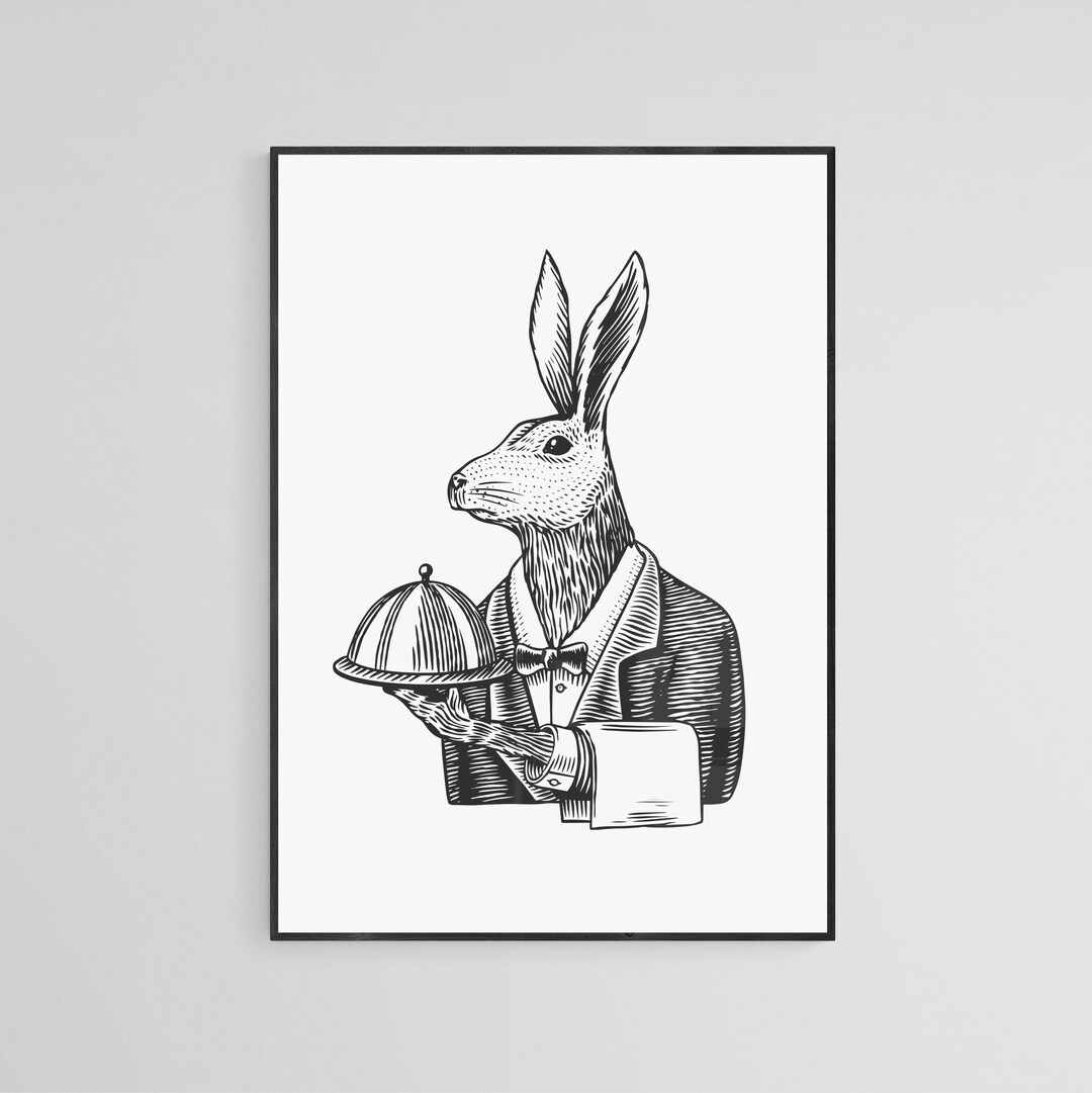 Rabbit Butler Outline Black and Grey Tattoo Style Wall Decor Print. - Etsy