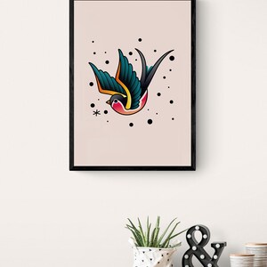 Dotted Swallow Tattoo Style Wall Art Print | Tattoo Flash Wall Decor ...