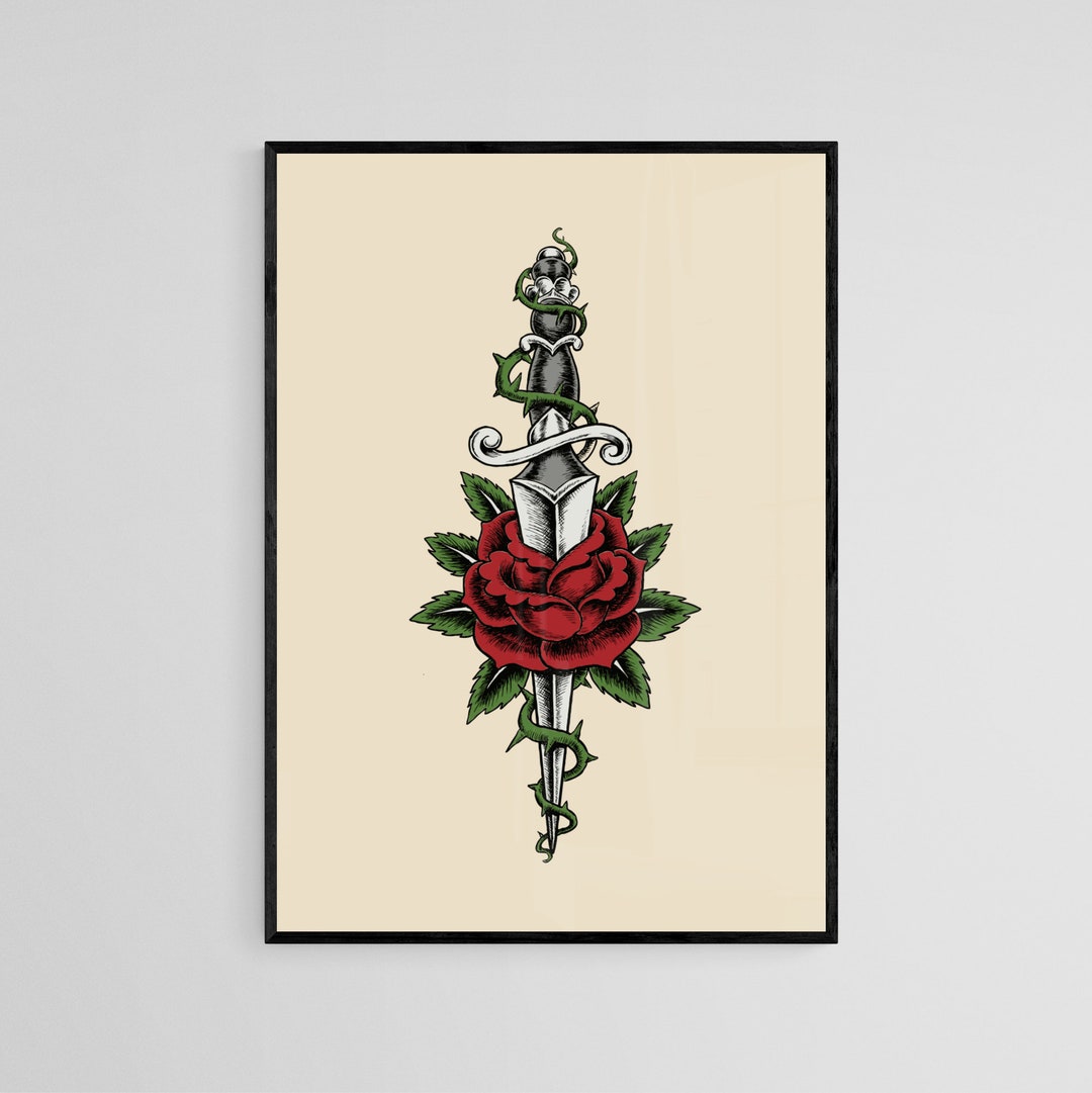 Tattoo Style Dagger Through A Rose Print. Traditional Tattoo Style ...