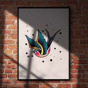 Dotted Swallow Tattoo Style Wall Art Print | Tattoo Flash Wall Decor ...
