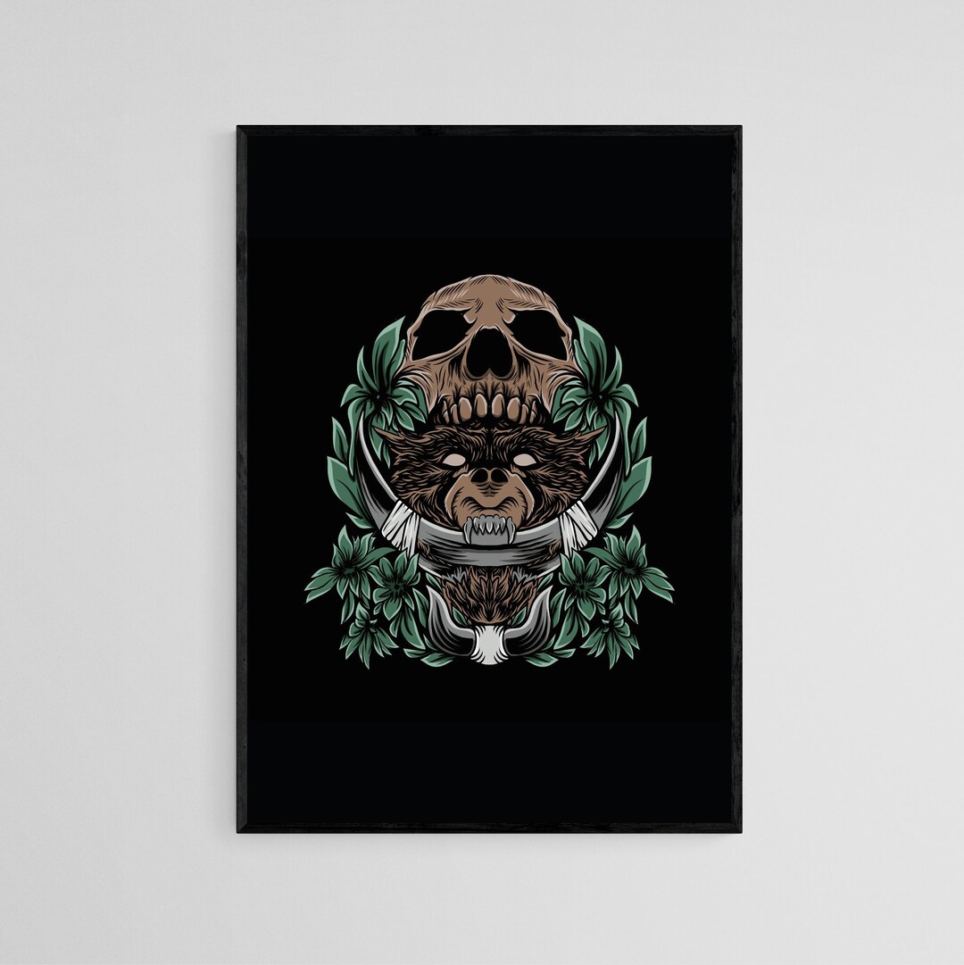 Wild Boar Skull Tattoo Style Wall Art Print | Tattoo Flash Wall Decor ...