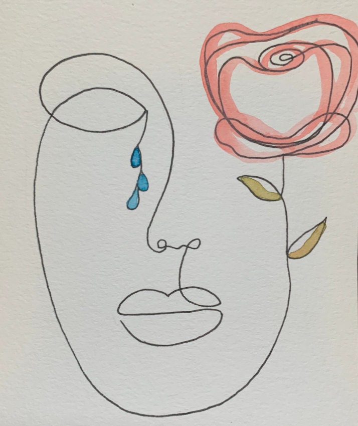 Line Art Sad Face With Rose - Etsy