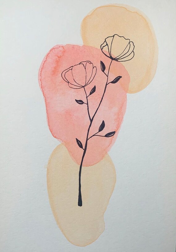 Flower Line Art With Watercolor Painting - Etsy