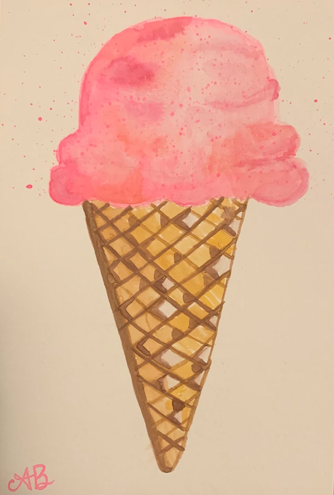 Ice Cream Cone Pink Watercolor Painting - Etsy