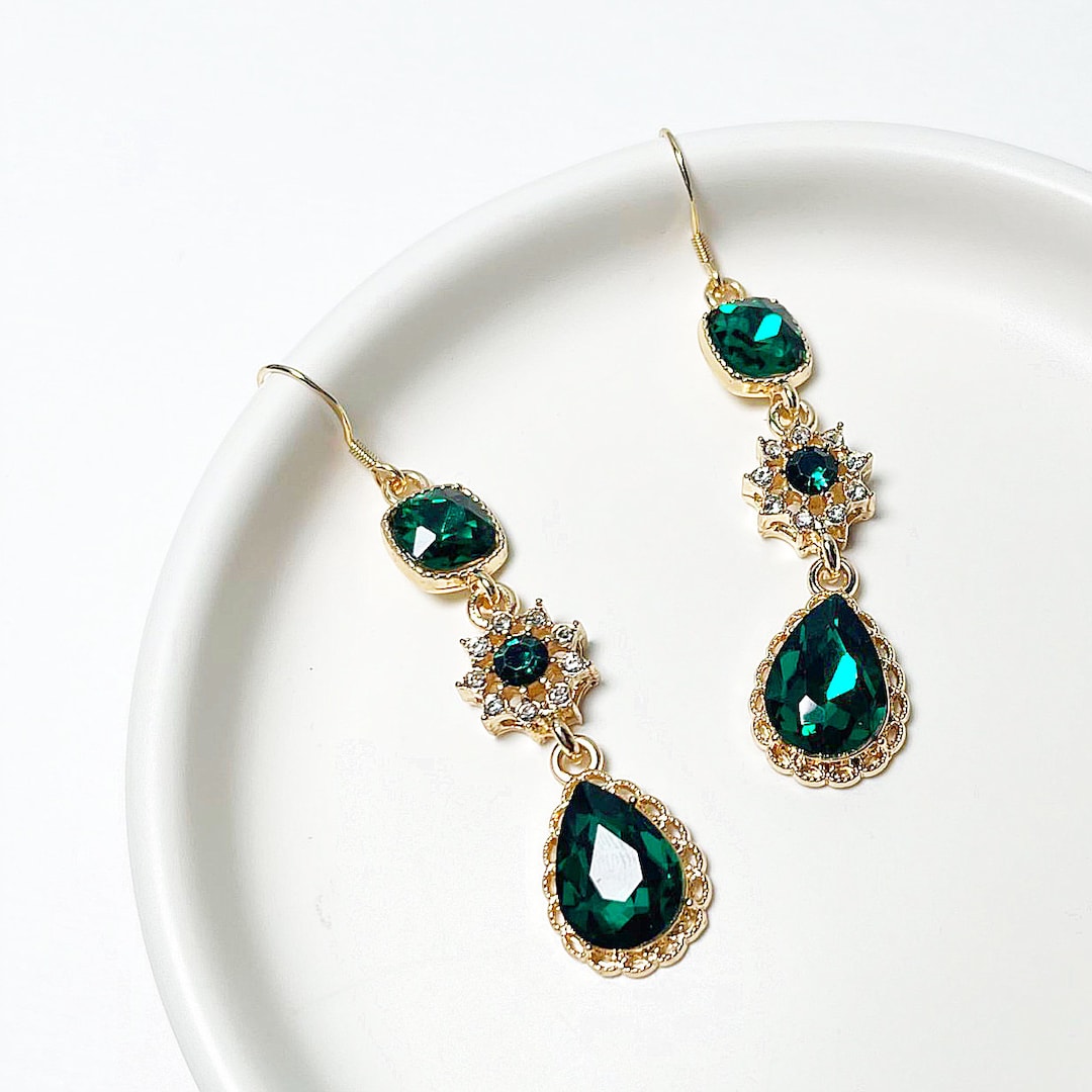 Emerald Green Dangle Earrings, Wedding Green Earrings,14k Gold Drop ...