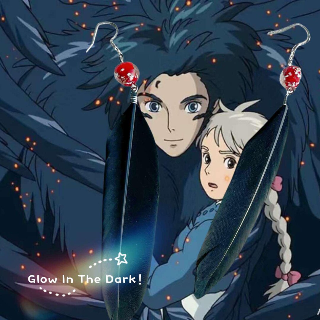 Howl's Black Feather Glow in the Dark Earrings, Demon Howl Black ...