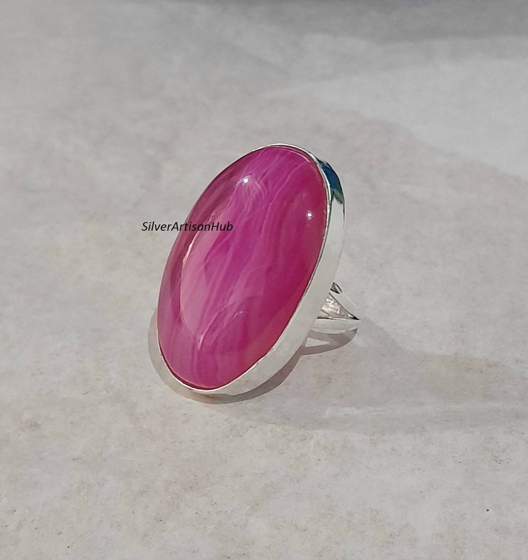 Pink Agate Gemstone Ring, Oval Pink Agate Ring, Sterling Silver Ring ...