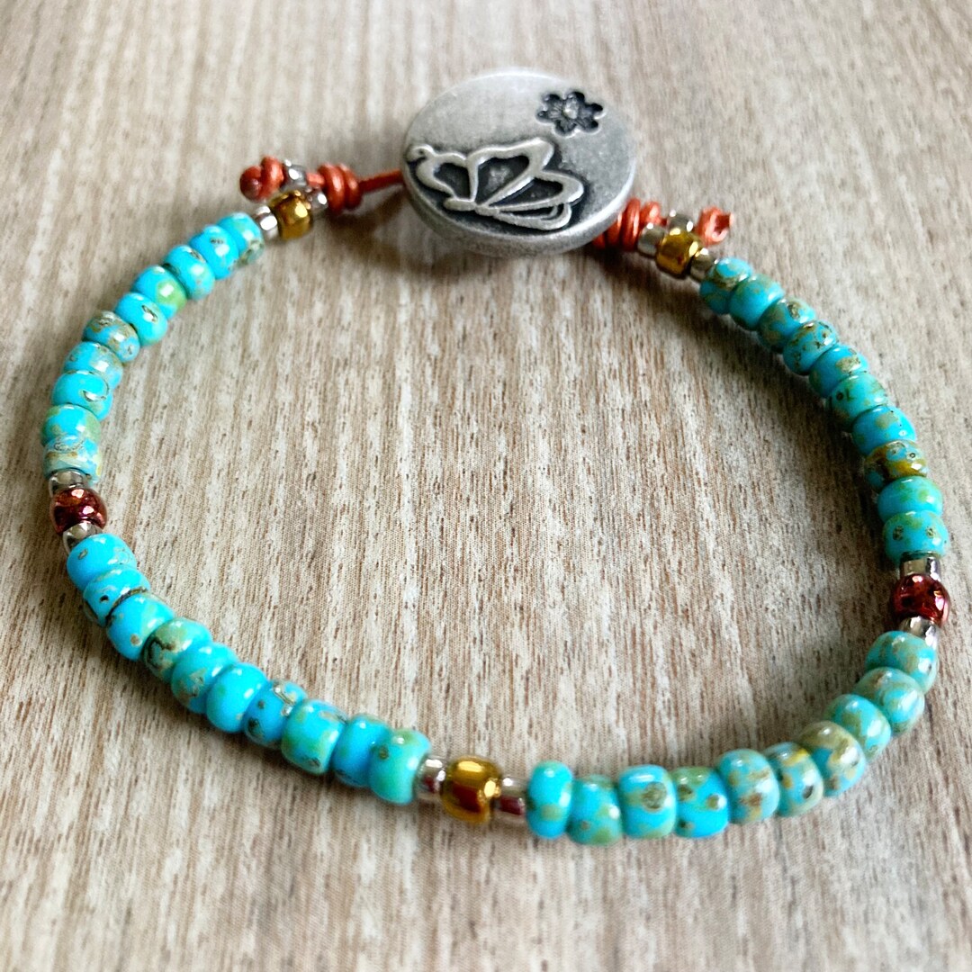 Turquoise Seed Bead Bracelet Turquoise Leather Bracelet With Miyuki ...