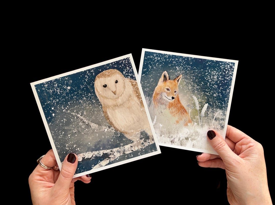 Pair of Fox and Owl Xmas Cards, Blank Christmas Notelets, Two Xmas ...