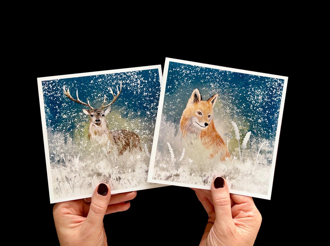 Pair of Winter Animals Christmas Cards, Set of Two Blank Christmas ...