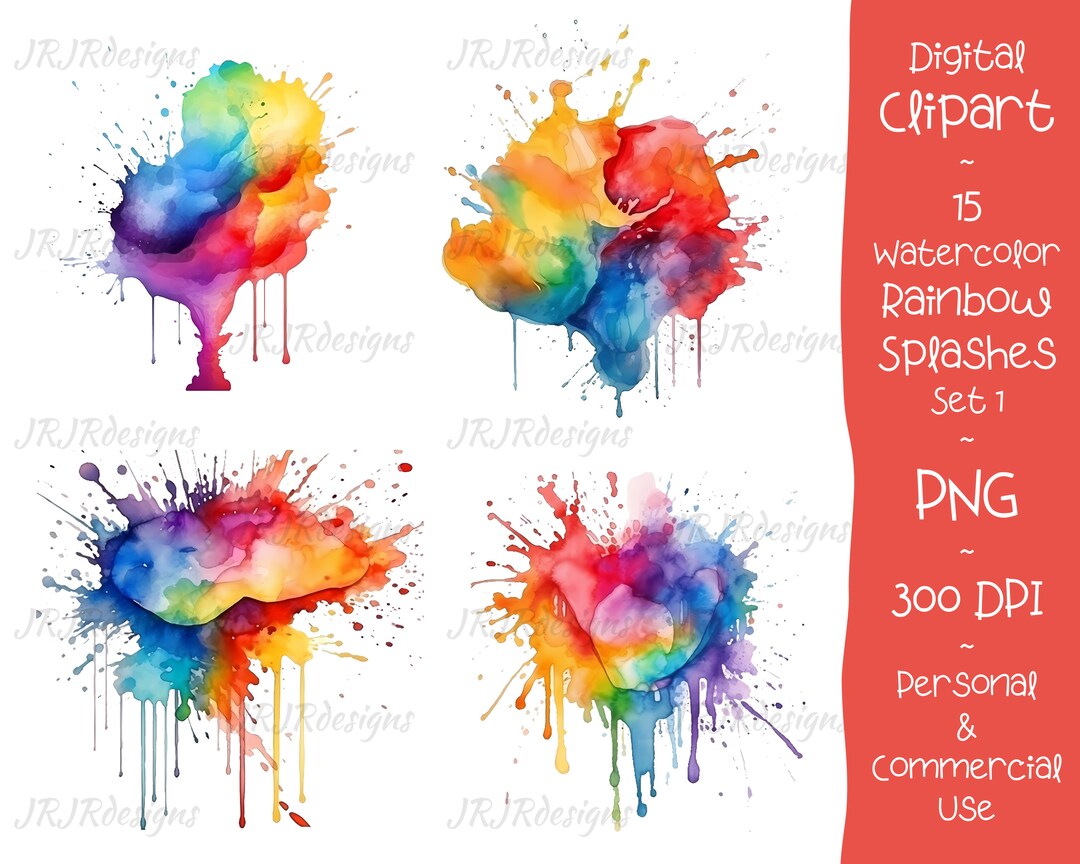 15 Watercolor Rainbow Splashes Clipart Bundle 300 DPI Abstract Vibrant ...
