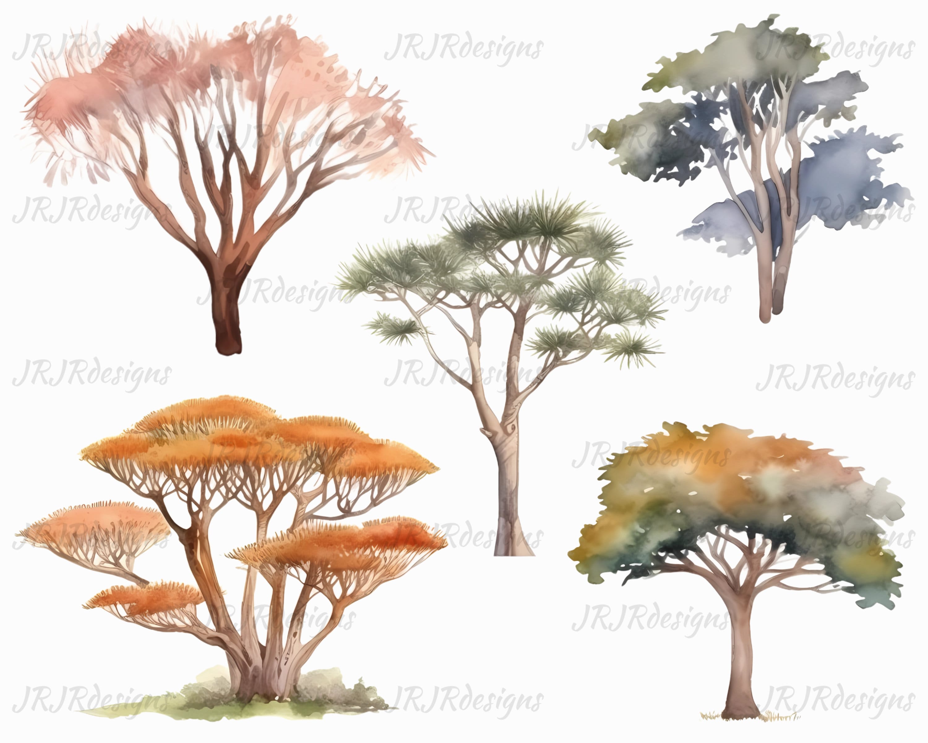 32 Safari Trees Clipart Bundle | 300 DPI | Watercolor African Savanna ...