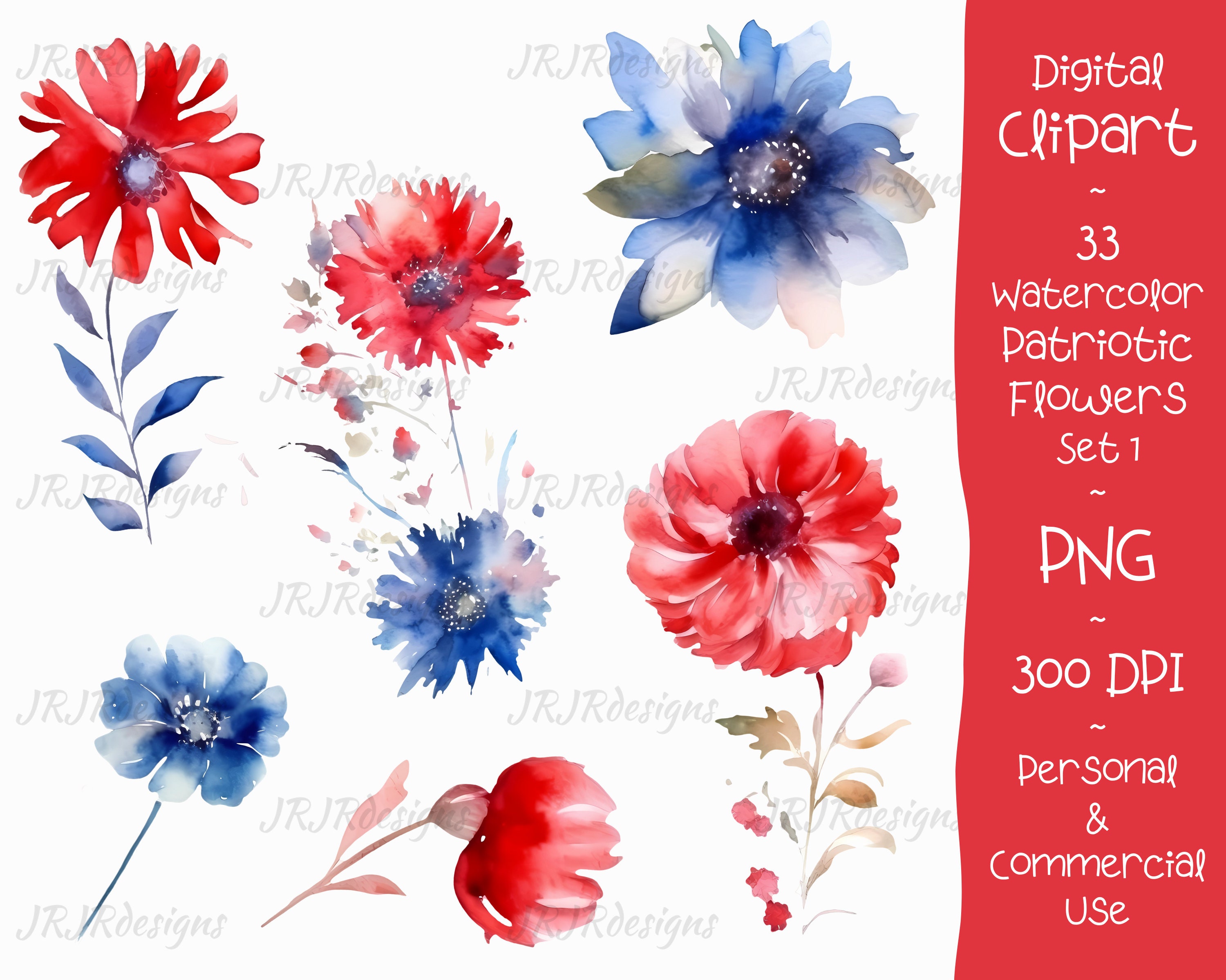 33 Patriotic Flowers Clipart Bundle 300 DPI Beautiful Watercolor ...