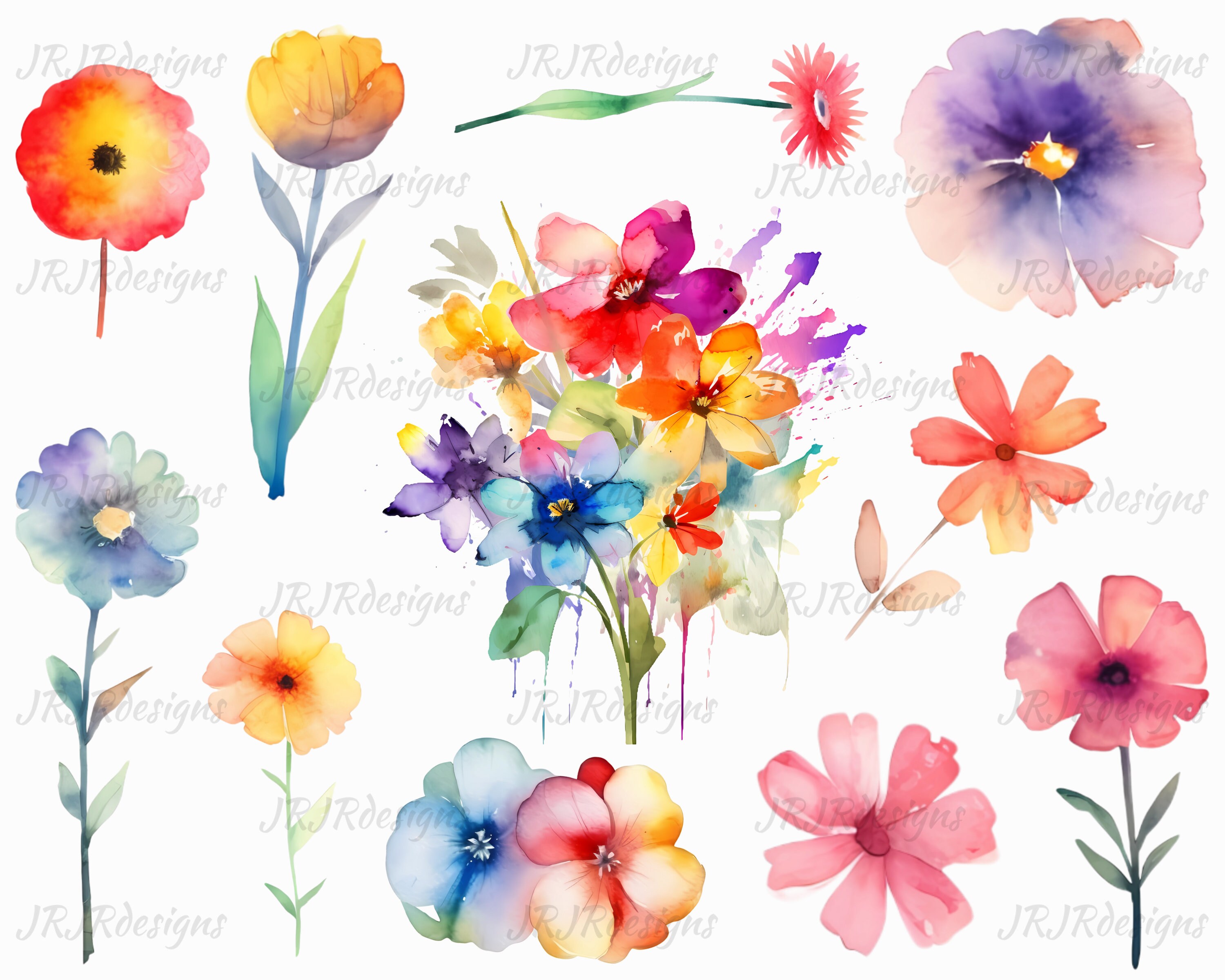 35 Spring Flowers Clipart Bundle 300 DPI Rainbow Watercolor Flowers ...