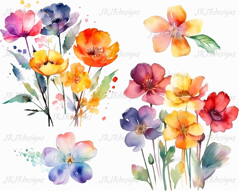 35 Spring Flowers Clipart Bundle 300 DPI Rainbow Watercolor Flowers ...