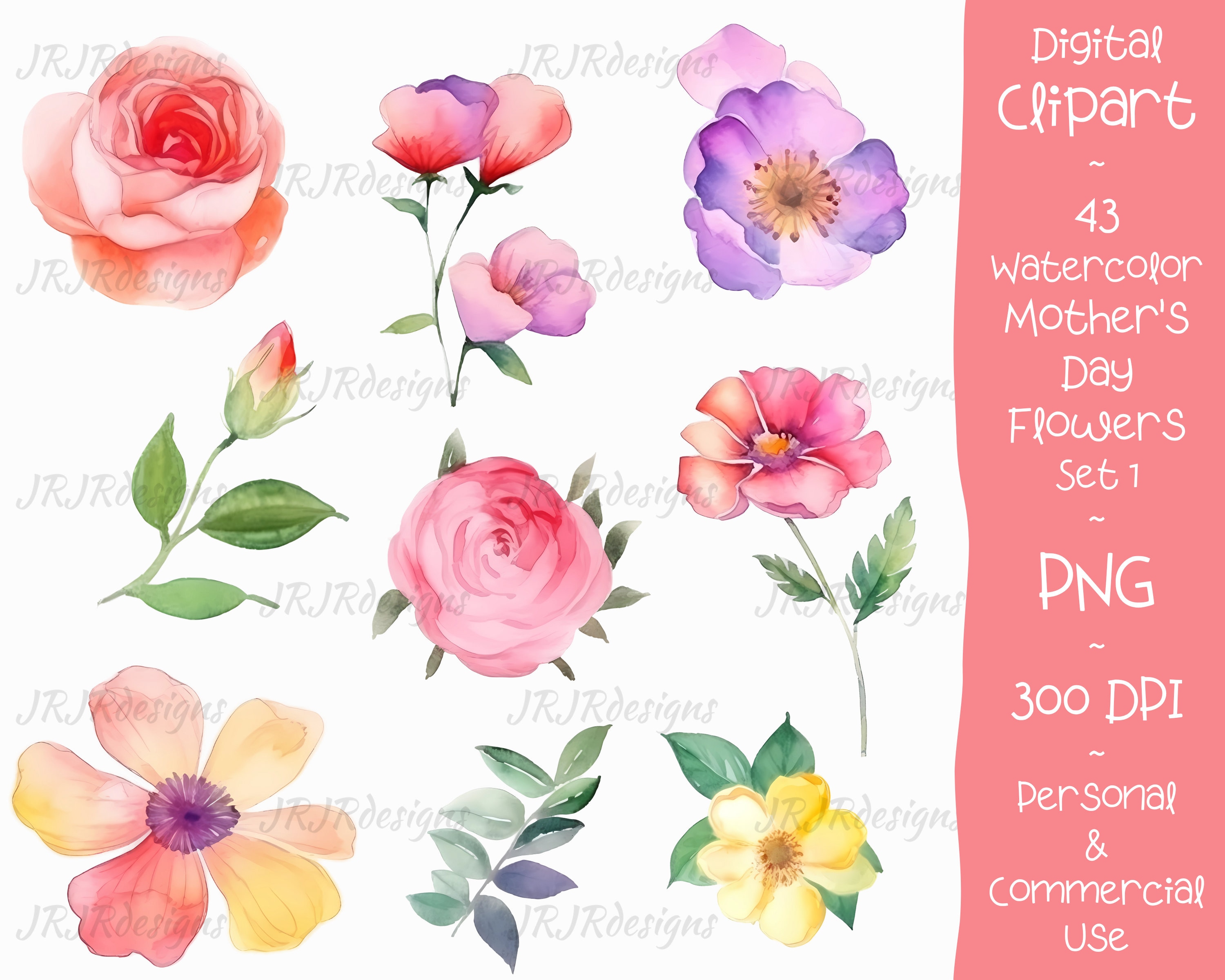 43 Mother's Day Flowers Clipart Bundle 300 DPI Bright Watercolor Spring ...