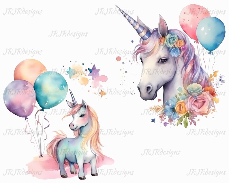 31 Unicorn Birthday Party Clipart Bundle 300 DPI Watercolor Unicorns ...