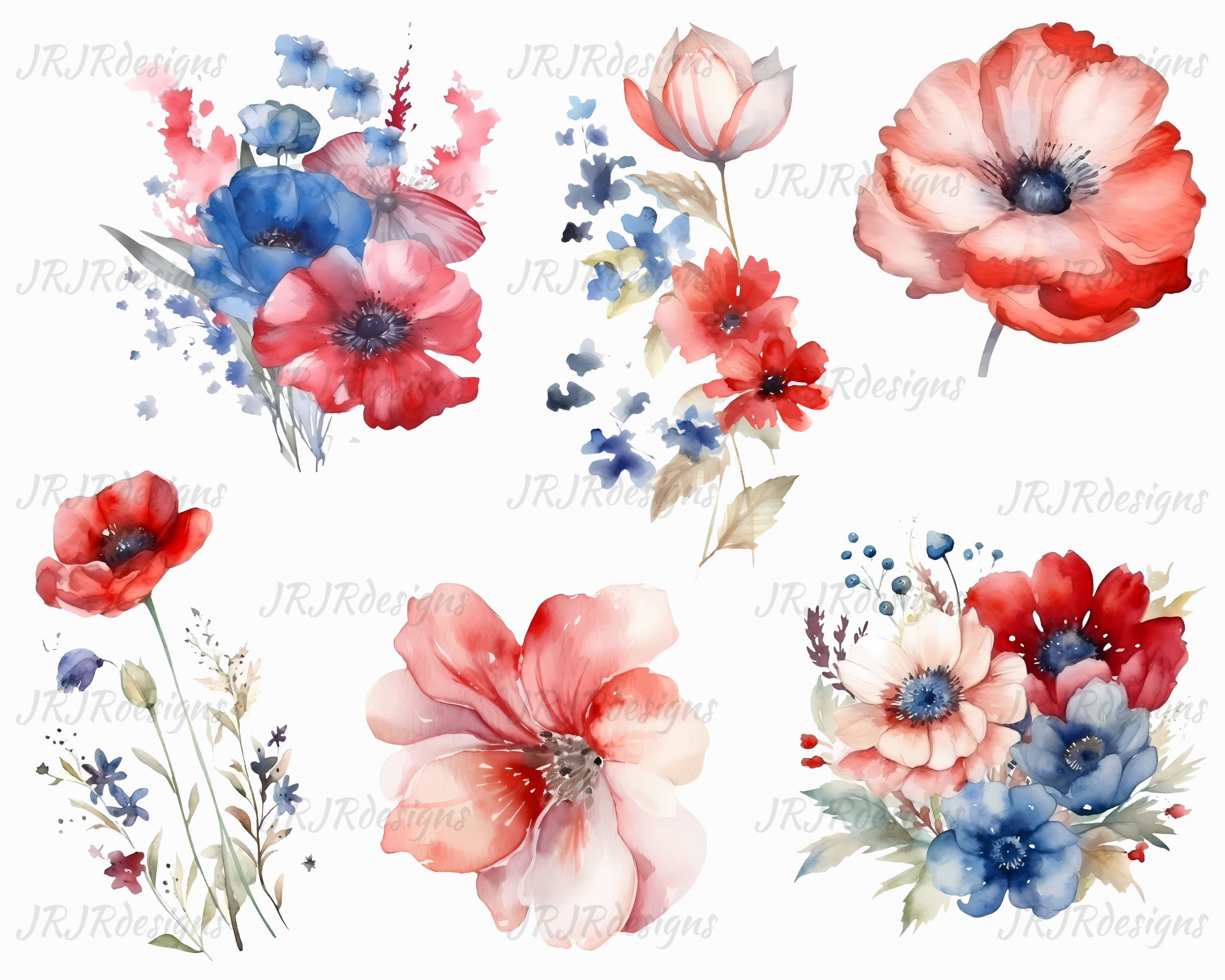 28 Patriotic Flowers Clipart Bundle 300 DPI USA Watercolor Florals 4th ...