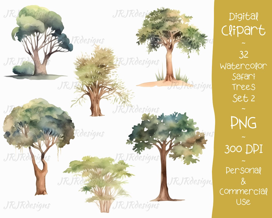 32 Safari Trees Clipart Bundle | 300 DPI | Watercolor African Savanna ...
