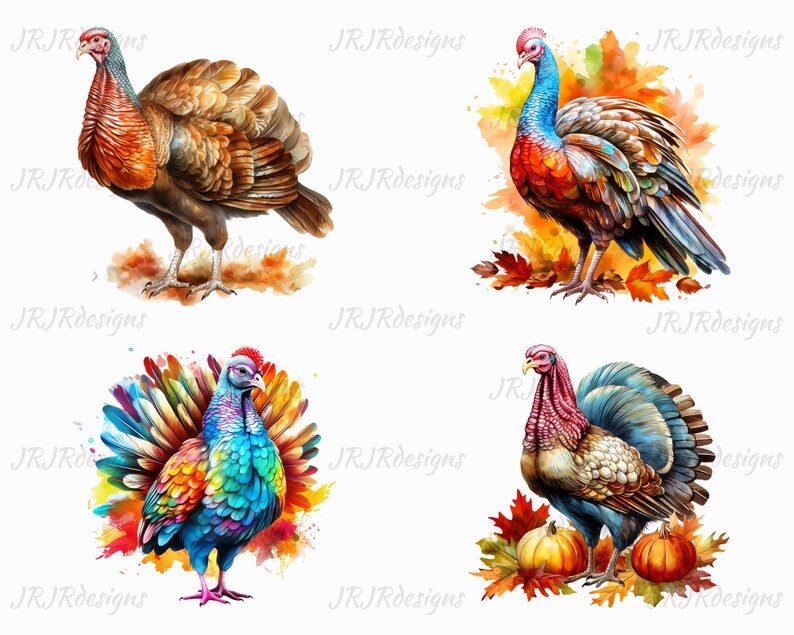 20 Turkeys Clipart Bundle 300 DPI Watercolor Thanksgiving Colorful ...
