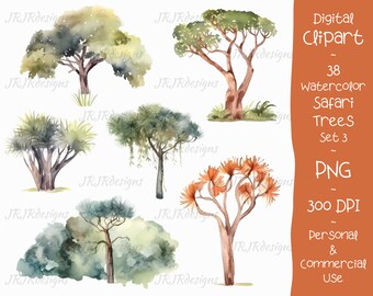 32 Safari Trees Clipart Bundle | 300 DPI | Watercolor African Savanna ...