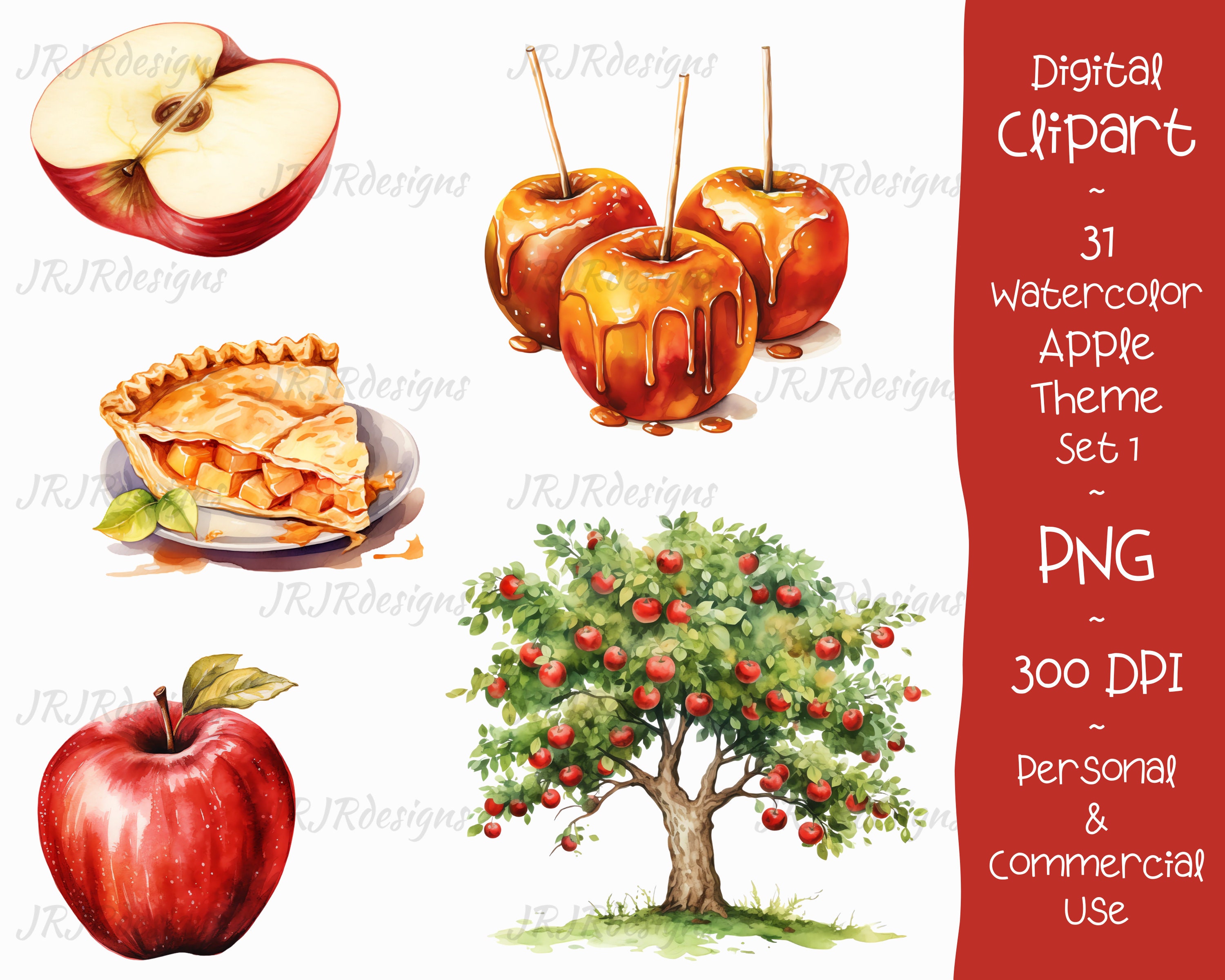 31 Apple Theme Clipart Bundle 300 DPI Watercolor Trees Baskets Pies ...