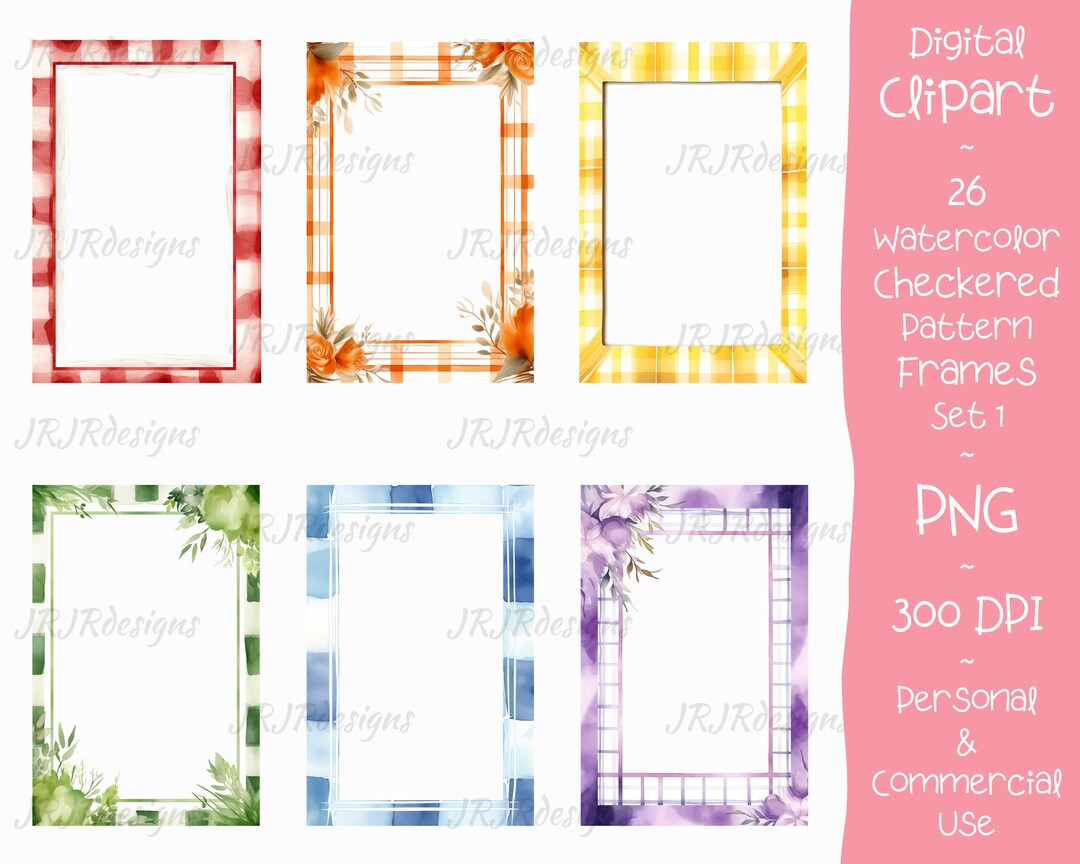 Watercolor Checkered Frames Clipart: Tartan PNG Bundle (digital ...