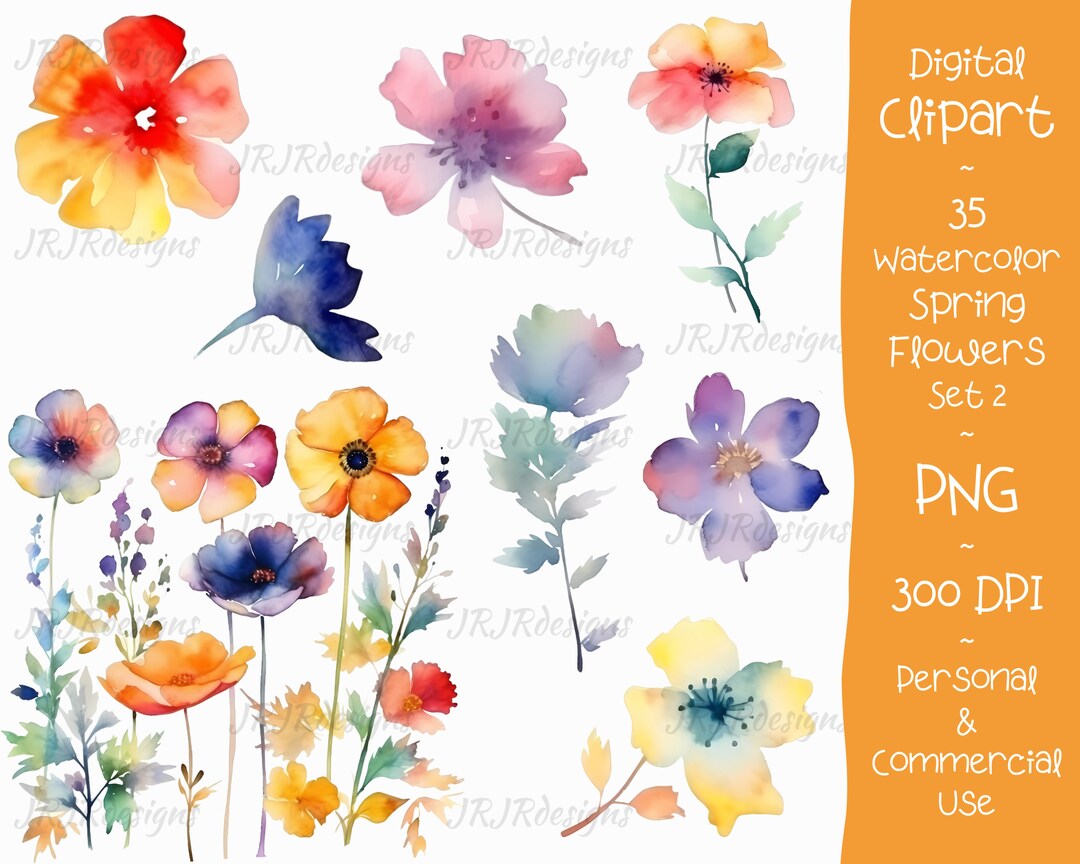 35 Spring Flowers Clipart Bundle 300 DPI Rainbow Watercolor Flowers ...