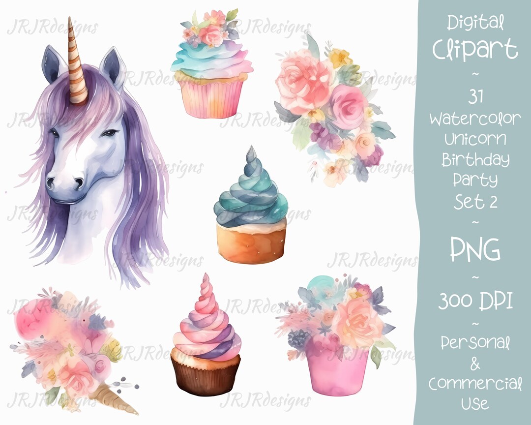 31 Unicorn Birthday Party Clipart Bundle 300 DPI Watercolor Unicorns ...