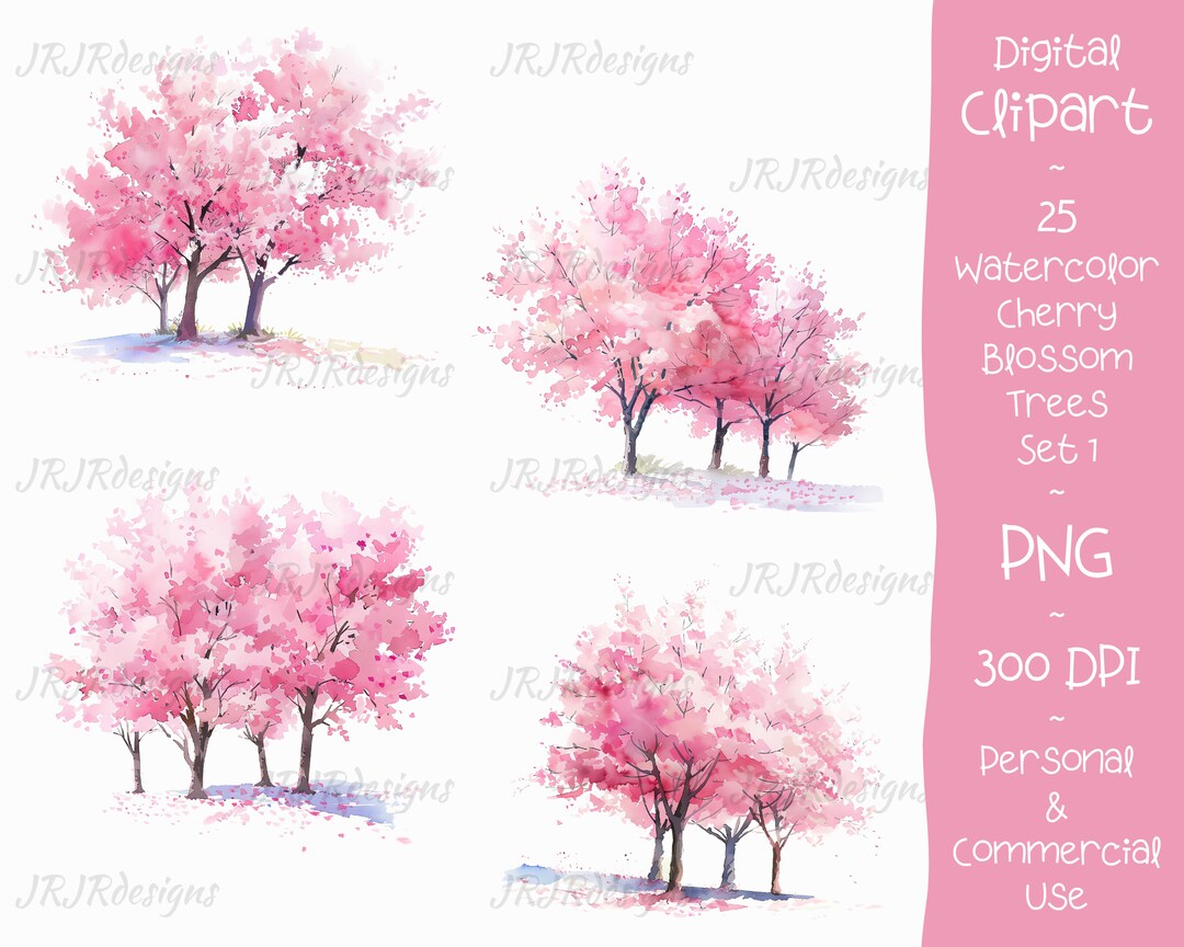 25 Cherry Blossom Trees Clipart Bundle | 300 DPI | Watercolor Spring ...