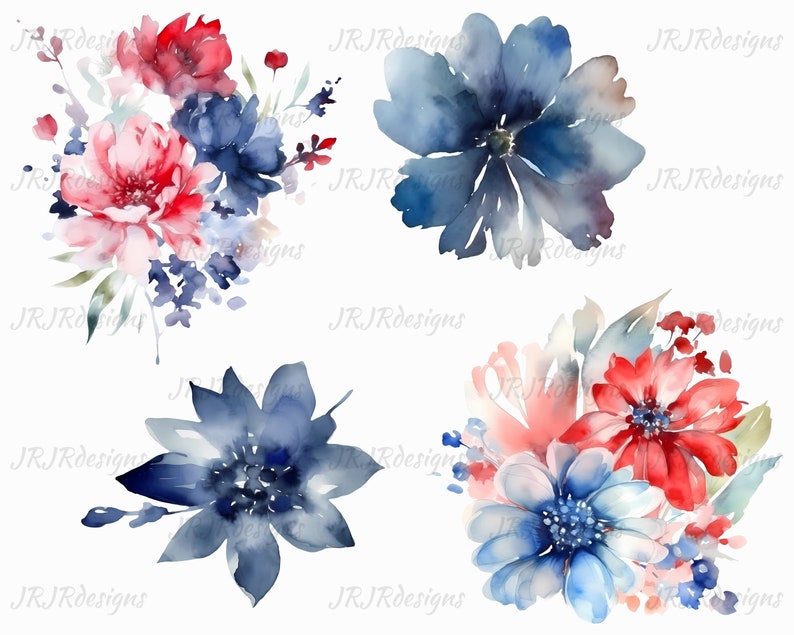 28 Patriotic Flowers Clipart Bundle 300 DPI USA Watercolor Florals 4th ...
