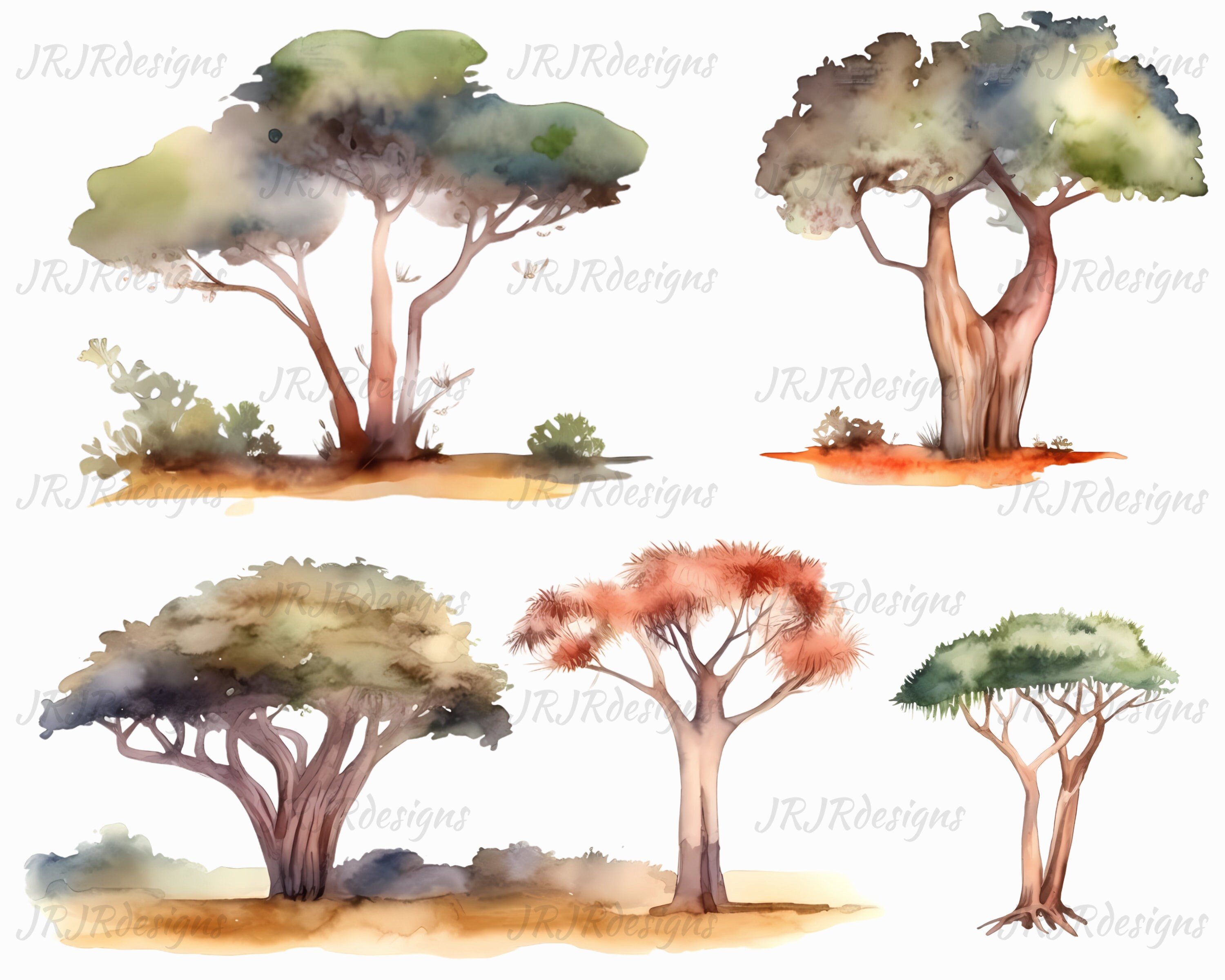 32 Safari Trees Clipart Bundle | 300 DPI | Watercolor African Savanna ...