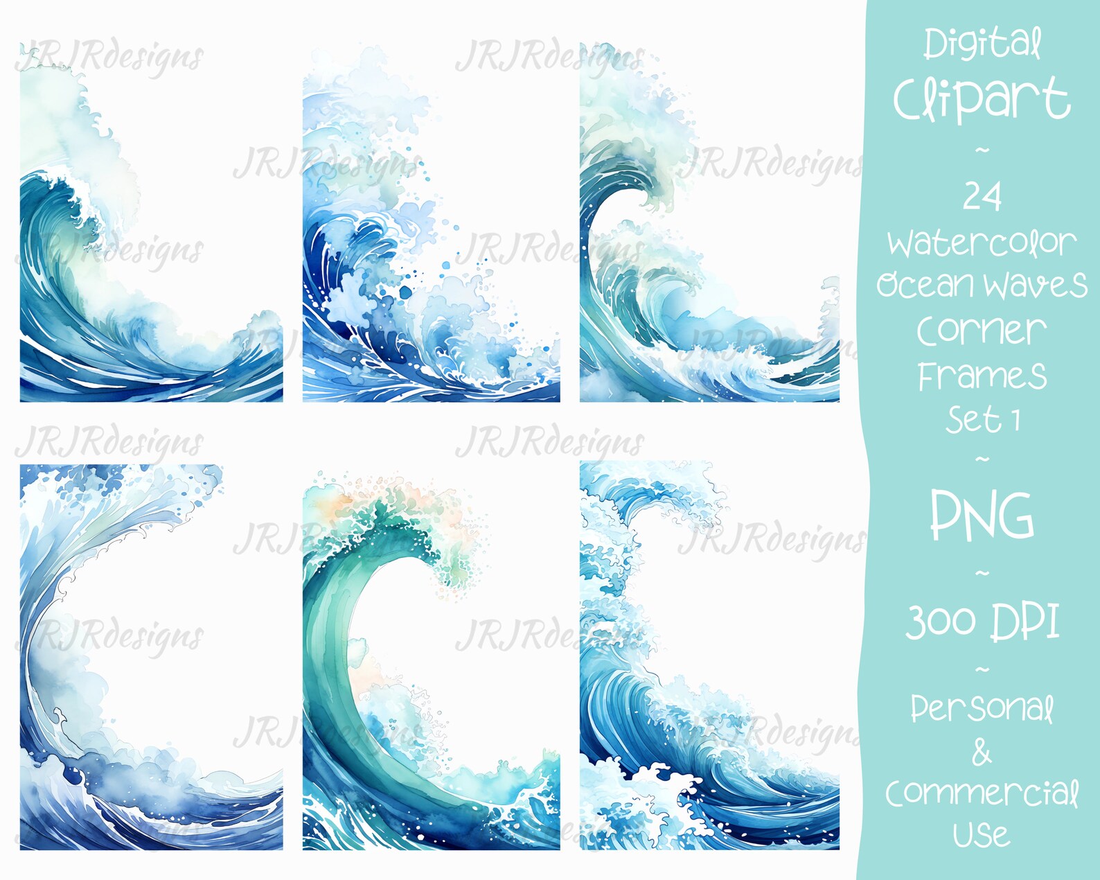 24 Ocean Waves Corner Frames Clipart Bundle | Aspect Ratio 2:3 | 300 ...