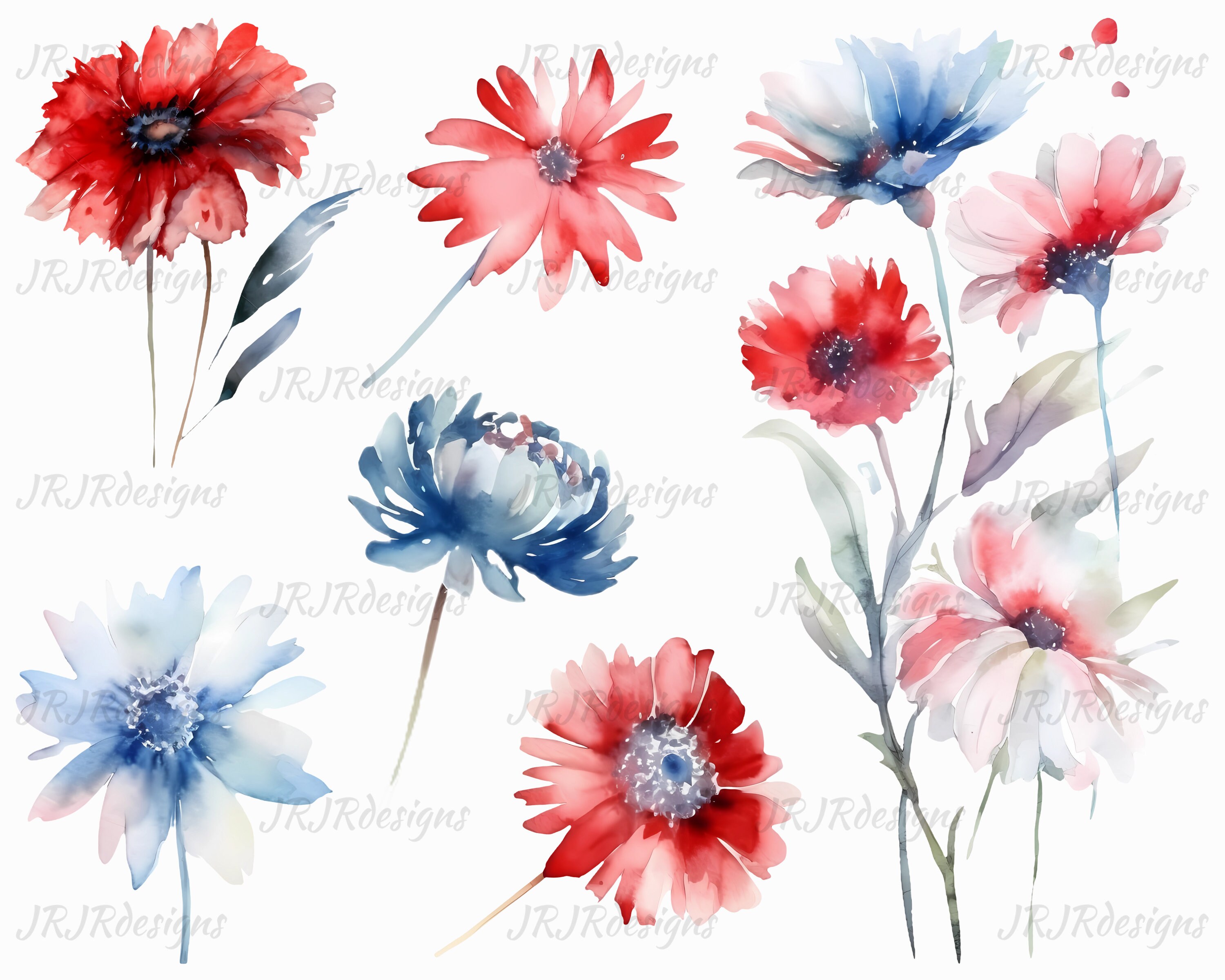 33 Patriotic Flowers Clipart Bundle 300 DPI Beautiful Watercolor ...