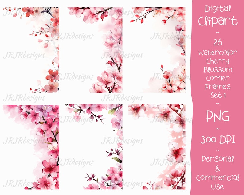 26 Cherry Blossom Corner Frames Clipart Bundle | Aspect Ratio 2:3 | 300 ...