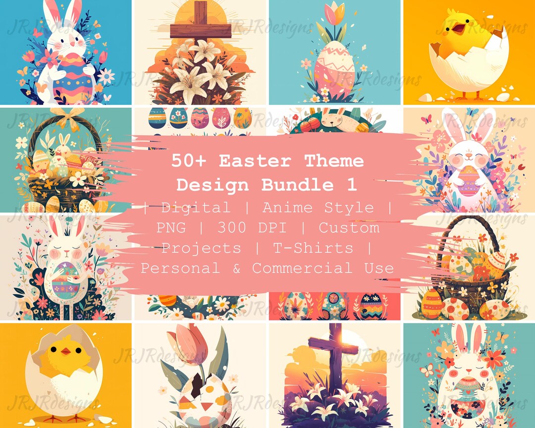 56 Easter Theme Designs Bundle 1 | Anime Style | Bunnies | Baskets ...