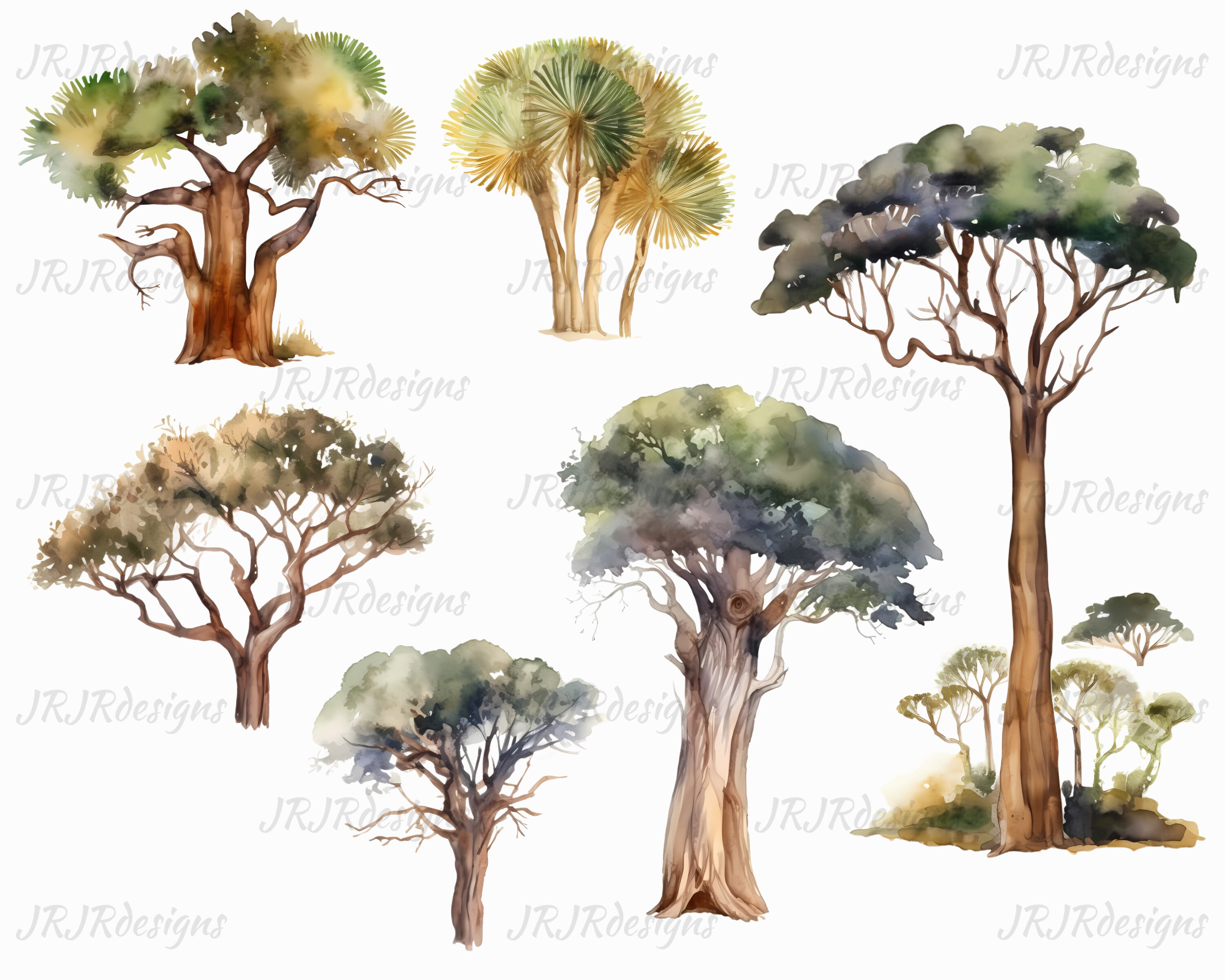 32 Safari Trees Clipart Bundle | 300 DPI | Watercolor African Savanna ...
