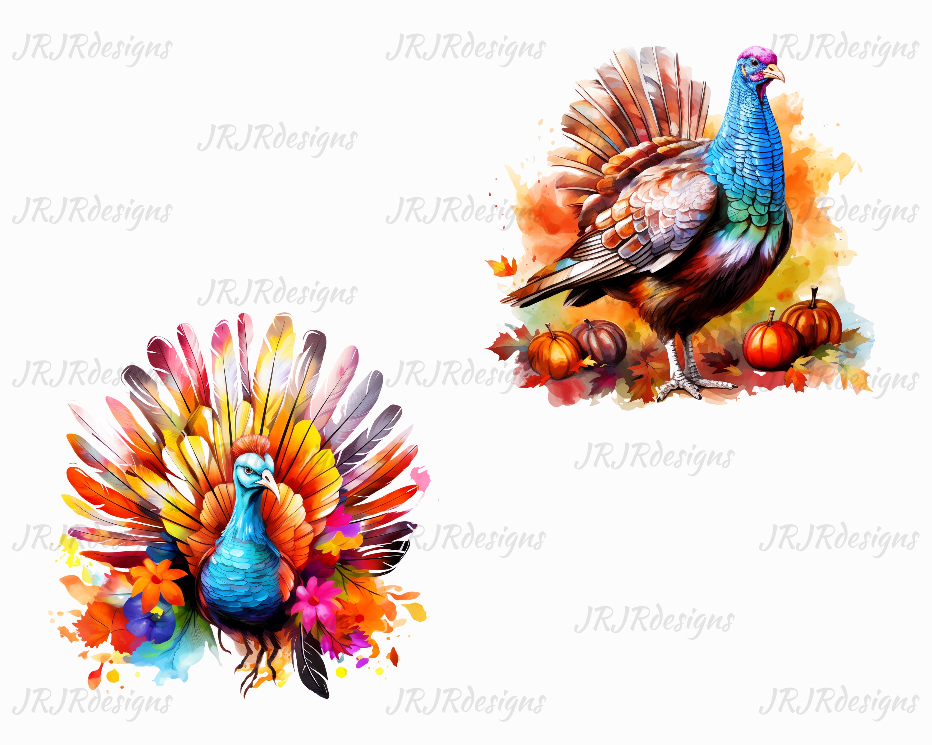 20 Turkeys Clipart Bundle 300 DPI Watercolor Thanksgiving Colorful ...