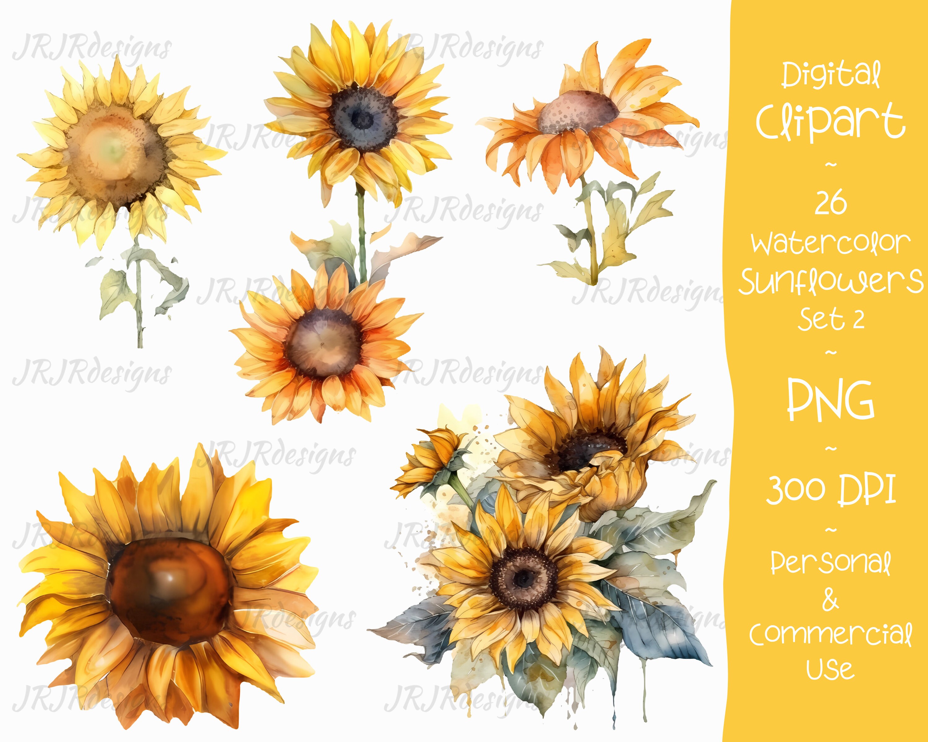 26 Sunflowers Clipart Bundle 300 DPI Watercolor Bright Happy Flowers ...