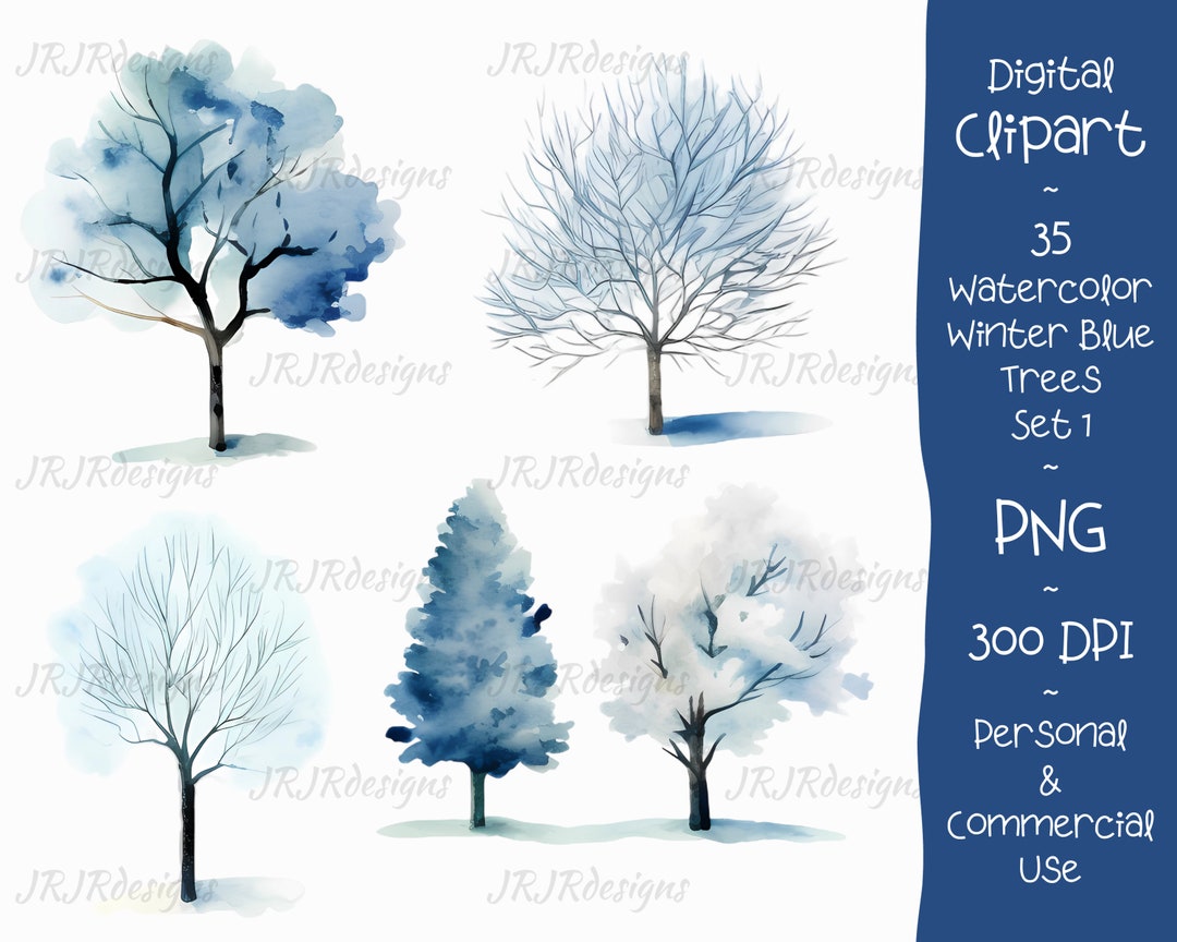 35 Winter Blue Trees Clipart Bundle | Watercolor | Snowy | 300 DPI ...