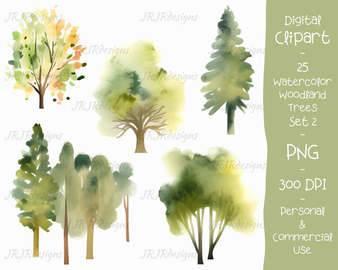 25 Woodland Trees Clipart Bundle | 300 DPI | Watercolor Forest Trees ...