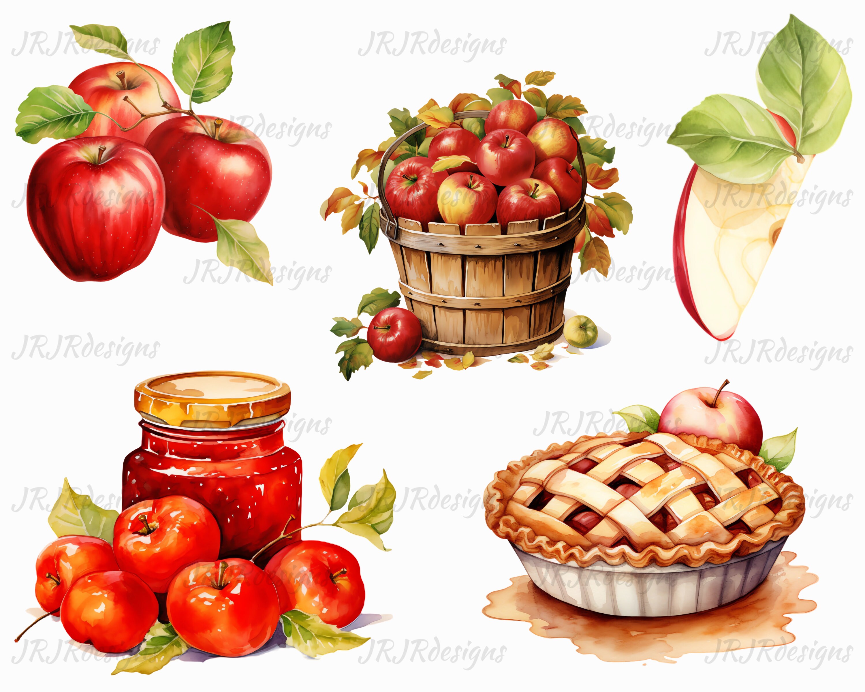 31 Apple Theme Clipart Bundle 300 DPI Watercolor Trees Baskets Pies ...